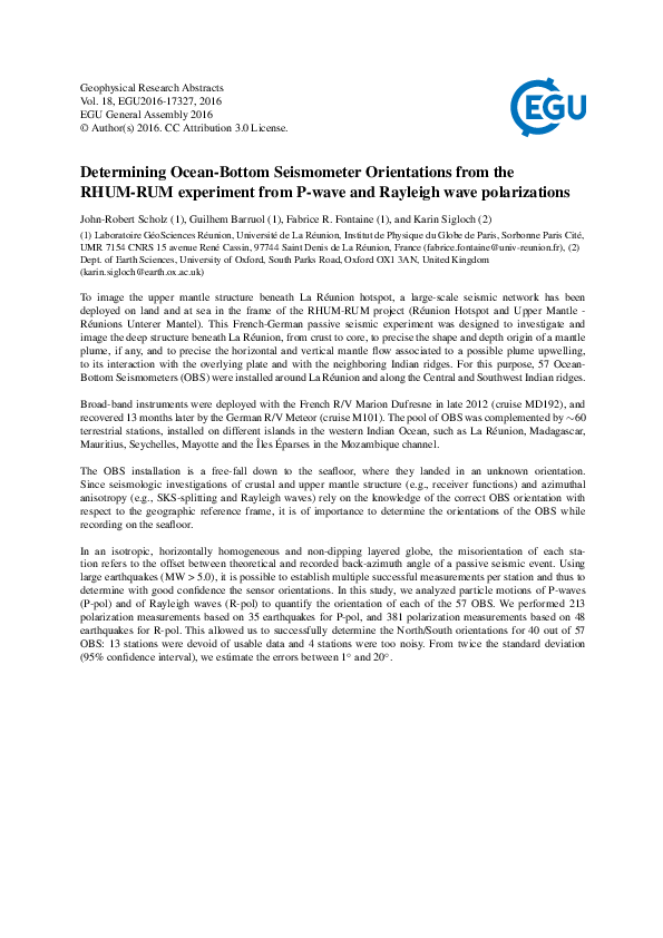 (PDF) Determining Ocean-Bottom Seismometer Orientations from the RHUM ...