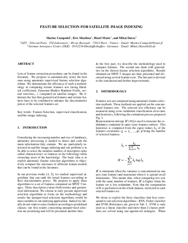 (PDF) Feature selection for satellite image indexing