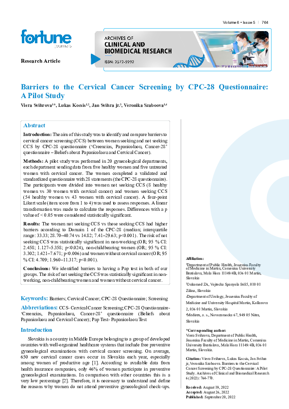 (PDF) Barriers to the Cervical Cancer Screening by CPC-28 Questionnaire ...
