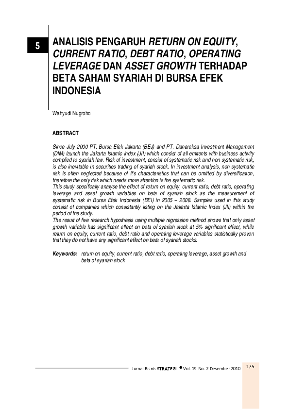 (PDF) Analisis Pengaruh Return on Equity, Current Ratio, Debt Ratio, Operating Leverage Dan ...