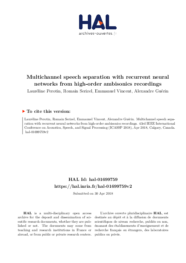 (PDF) Multichannel Speech Separation with Recurrent Neural Networks from High-Order Ambisonics ...