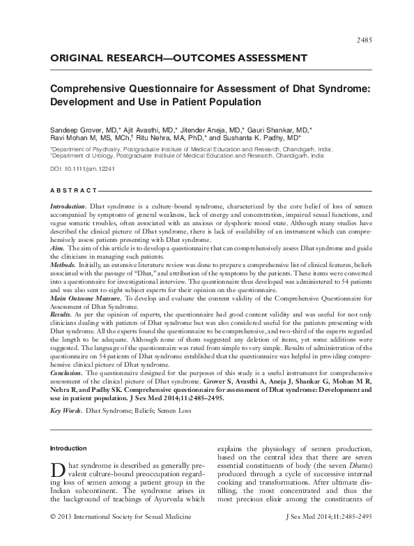 (PDF) Comprehensive Questionnaire for Assessment of Dhat Syndrome ...