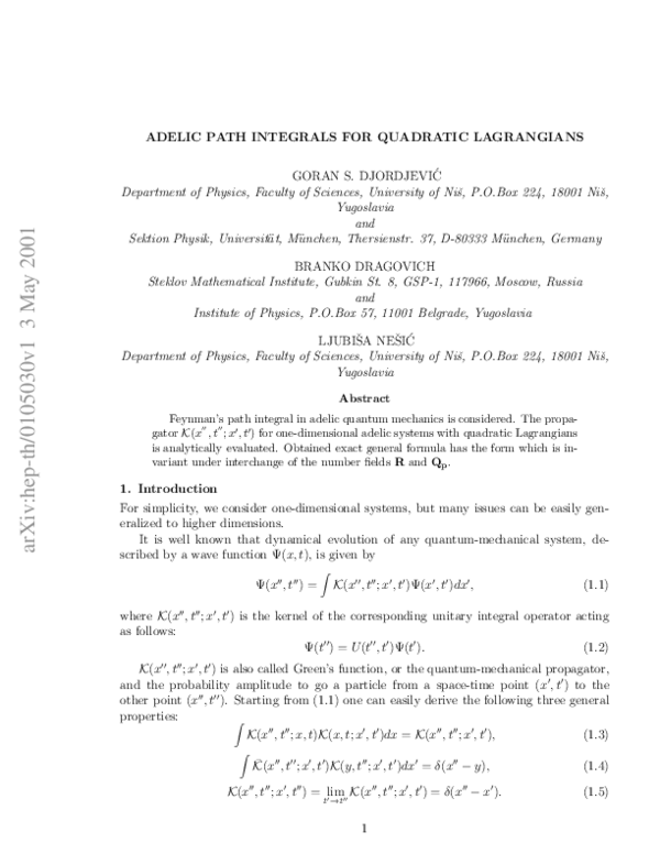 (PDF) Adelic Path Integrals for Quadratic Lagrangians | Goran Djordjevic - Academia.edu
