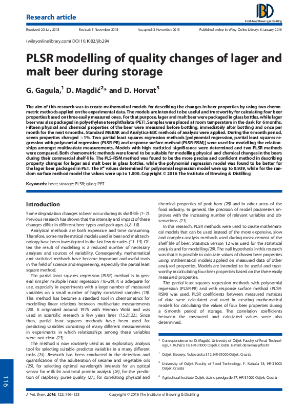 (PDF) PLSR modelling of quality changes of lager and malt beer during ...
