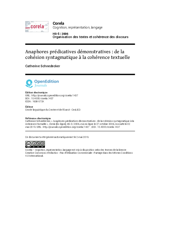 (PDF) Anaphores prédicatives démonstratives : de la cohésion ...