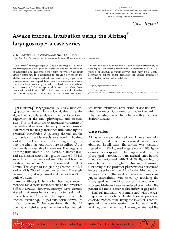 (PDF) Awake tracheal intubation using the Airtraq®laryngoscope: a case ...