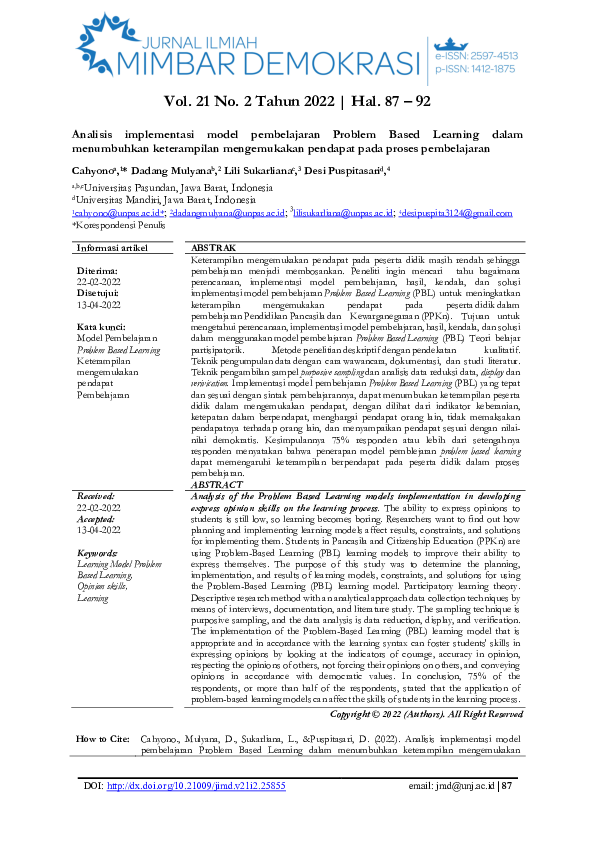 (PDF) Analisis implementasi model pembelajaran Problem Based Learning dalam menumbuhkan ...