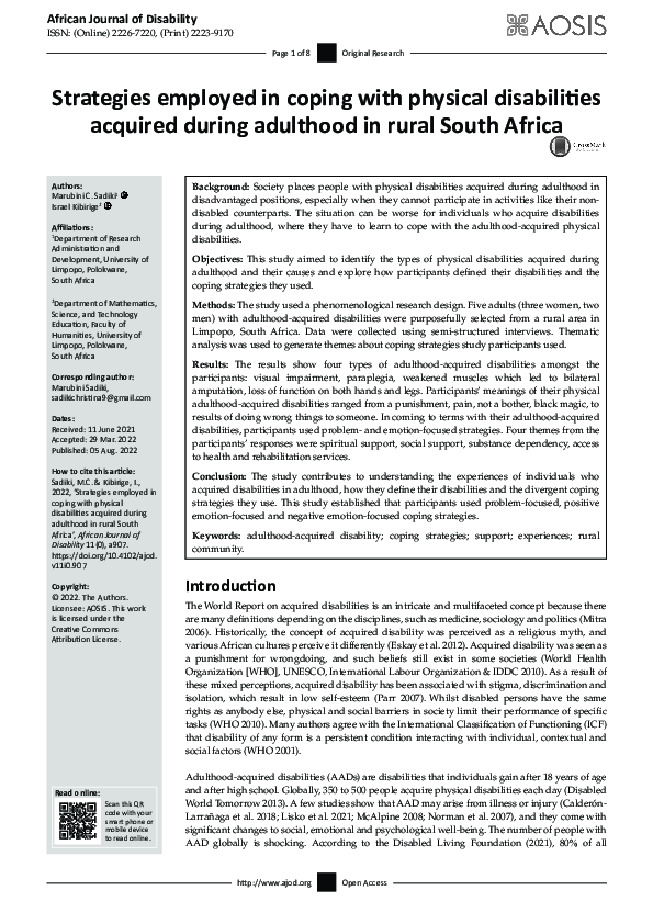 (PDF) Strategies employed in coping with physical disabilities acquired ...