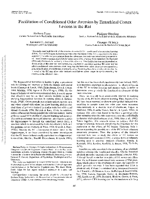 Facilitation of conditioned odor aversion by entorhinal cortex lesions in the rat