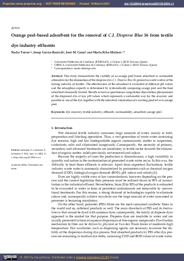 (PDF) Orange Peel-Based Adsorbent for the Removal of C.I. Disperse Blue ...