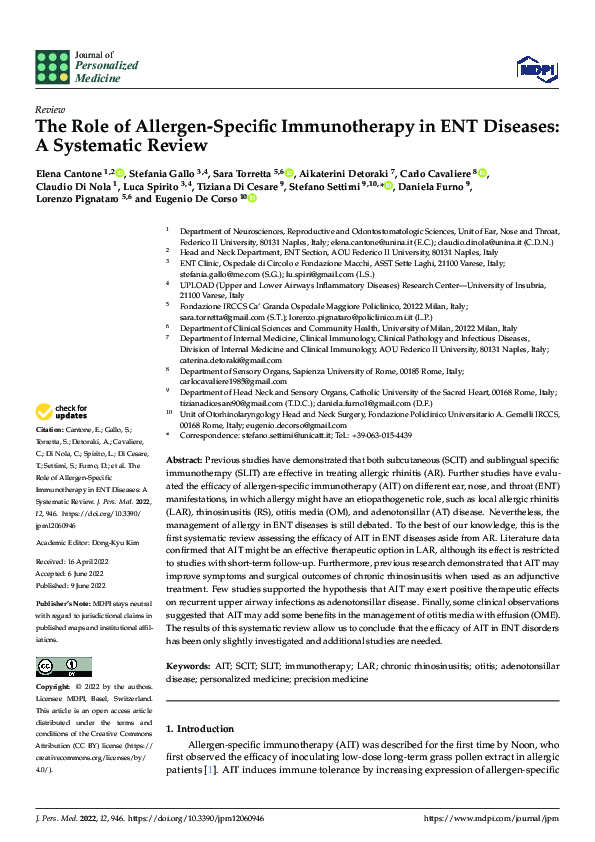 (PDF) The Role of Allergen-Specific Immunotherapy in ENT Diseases: A Systematic Review