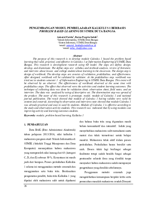 (PDF) Pengembangan Modul Pembelajaran Kalkulus 1 Berbasis Problem Based Learning Di STMIK Duta ...