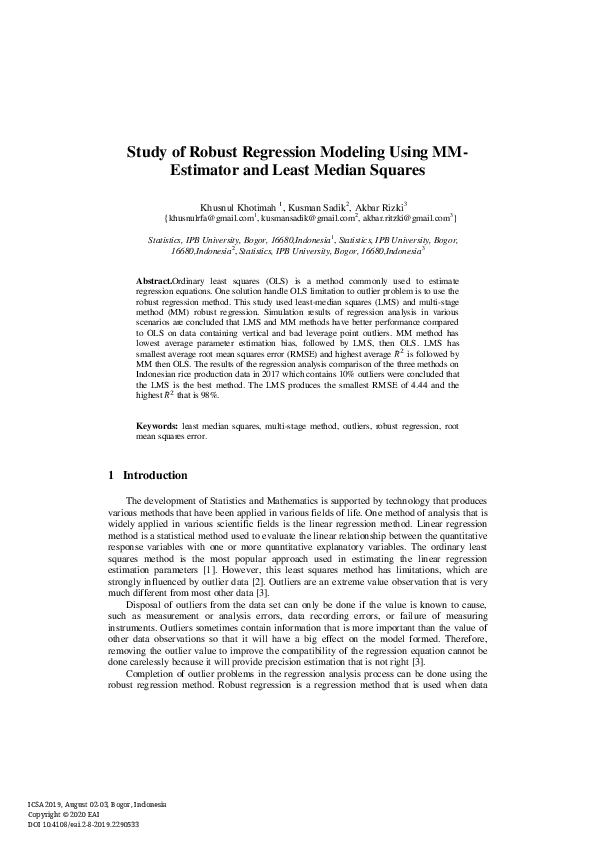 (PDF) Study of Robust Regression Modeling Using MM-Estimator and Least Median Squares