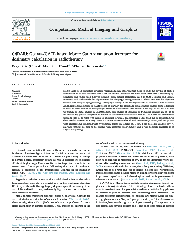 (PDF) G4DARI: Geant4/GATE based Monte Carlo simulation interface for dosimetry calculation in ...