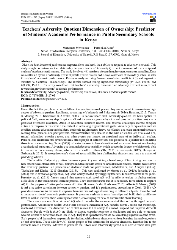 (PDF) Teachers’ Adversity Quotient Dimension of Ownership: Predictor of Students’ Academic ...