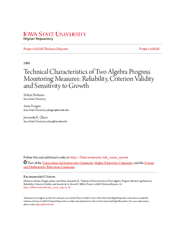 (PDF) Technical Characteristics of Two Algebra Progress Monitoring ...