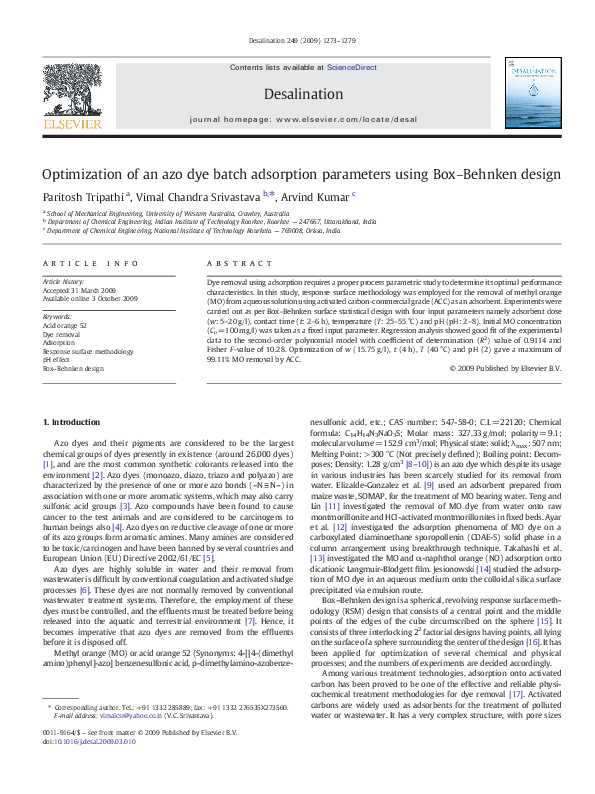 (PDF) Optimization of an azo dye batch adsorption parameters using Box–Behnken design