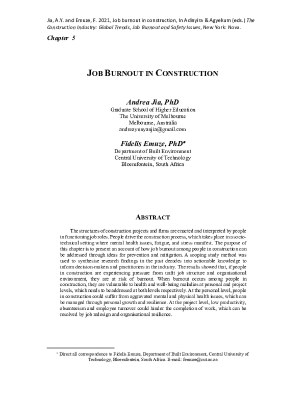 (PDF) JOB BURNOUT IN CONSTRUCTION