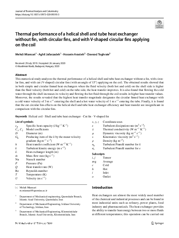 (PDF) Thermal performance of a helical shell and tube heat exchanger without fin, with circular ...