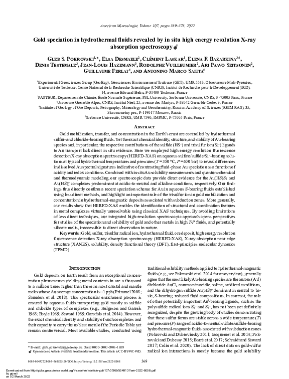 (PDF) Gold speciation in hydrothermal fluids revealed by in situ high energy resolution X-ray ...