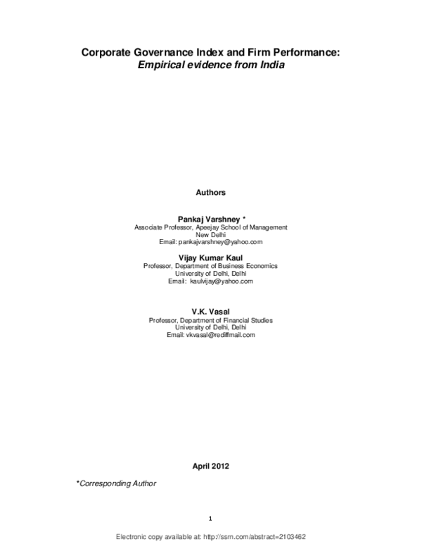 (PDF) Corporate Governance Index and Firm Performance: Empirical Evidence from India