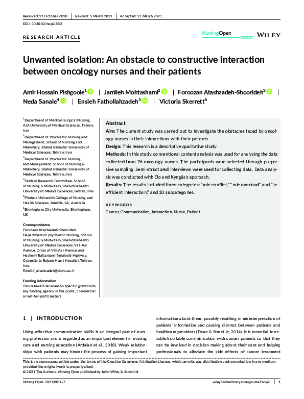 (PDF) Unwanted isolation: An obstacle to constructive interaction between oncology nurses and ...