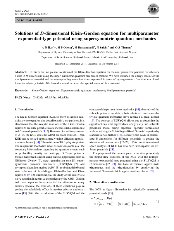 (PDF) Solutions of D-dimensional Klein–Gordon equation for multiparameter exponential-type ...