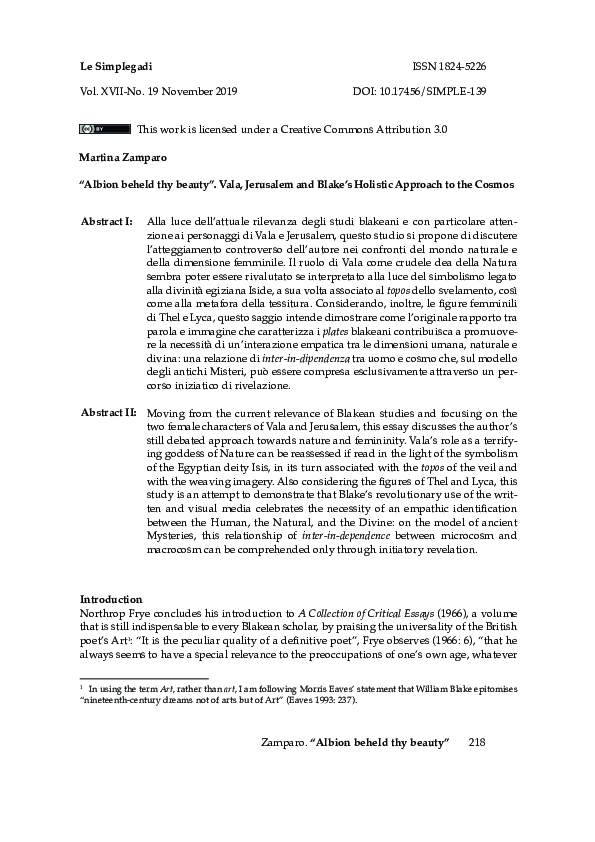 (PDF) “Albion beheld thy beauty”. Vala, Jerusalem and Blake’s Holistic ...