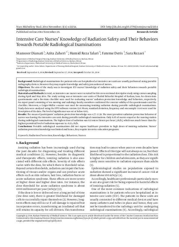 (PDF) Intensive Care Nurses’ Knowledge of Radiation Safety and Their Behaviors Towards Portable ...