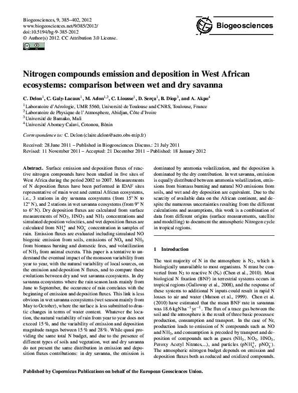 (PDF) Nitrogen compounds emission and deposition in West African ...