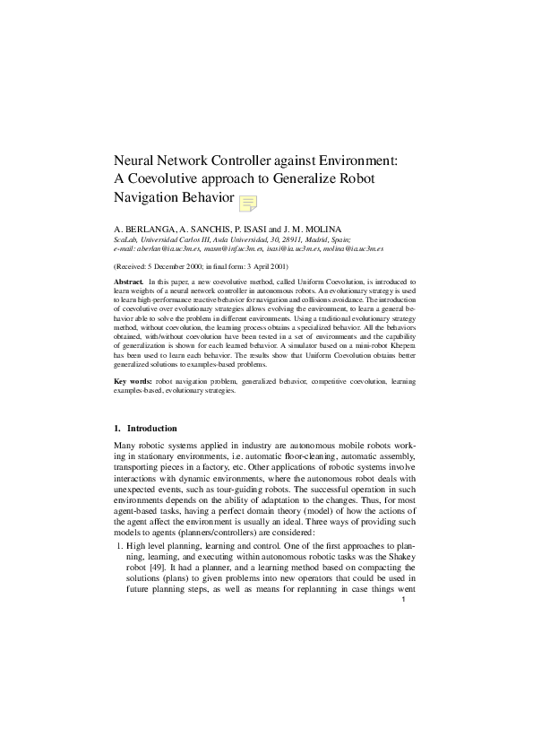 (PDF) Coevolutionary Neural Control for Robot Navigation