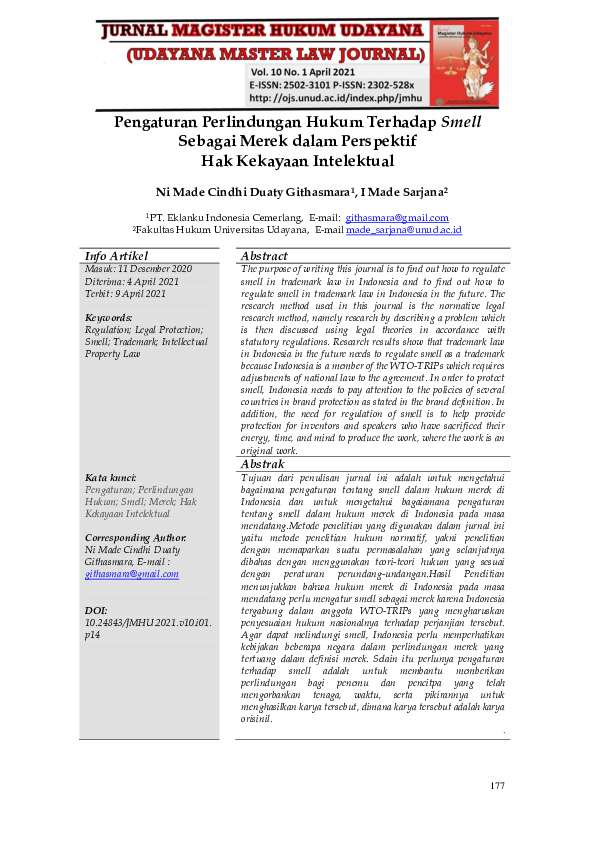 (PDF) Pengaturan Perlindungan Hukum Terhadap Smell Sebagai Merek dalam ... (PDF) Pengaturan Perlindungan Hukum Terhadap Smell Sebagai Merek dalam ...