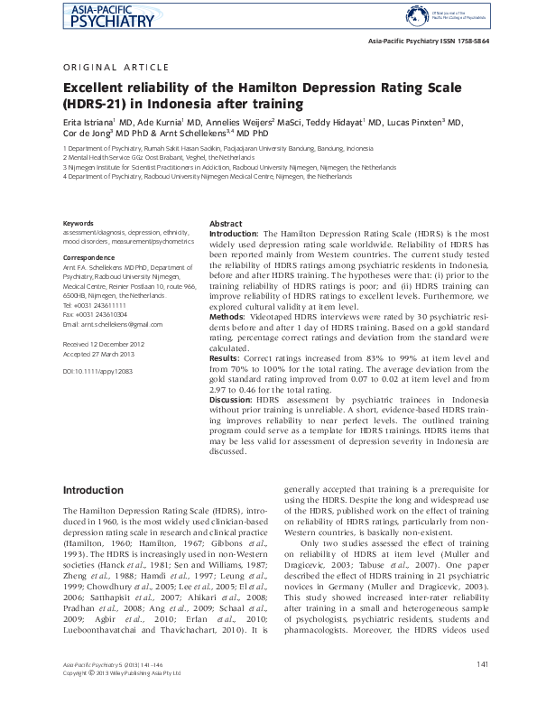 (PDF) Excellent reliability of the Hamilton Depression Rating Scale ...