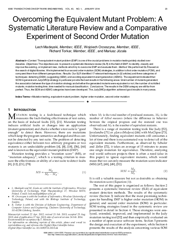 (PDF) Overcoming the Equivalent Mutant Problem: A Systematic Literature Review and a Comparative ...
