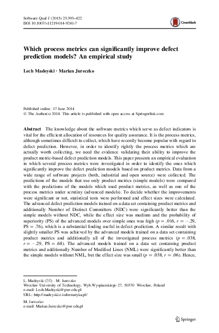 (PDF) Which process metrics can significantly improve defect prediction models? An empirical ...