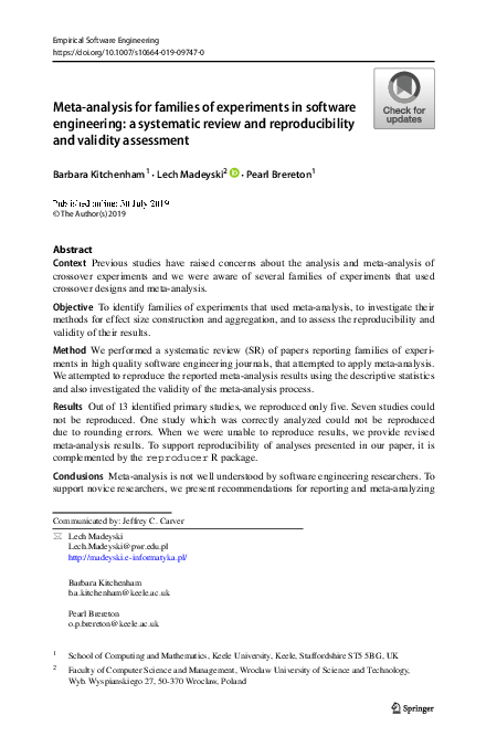 (PDF) Meta-analysis for families of experiments in software engineering: a systematic review and ...