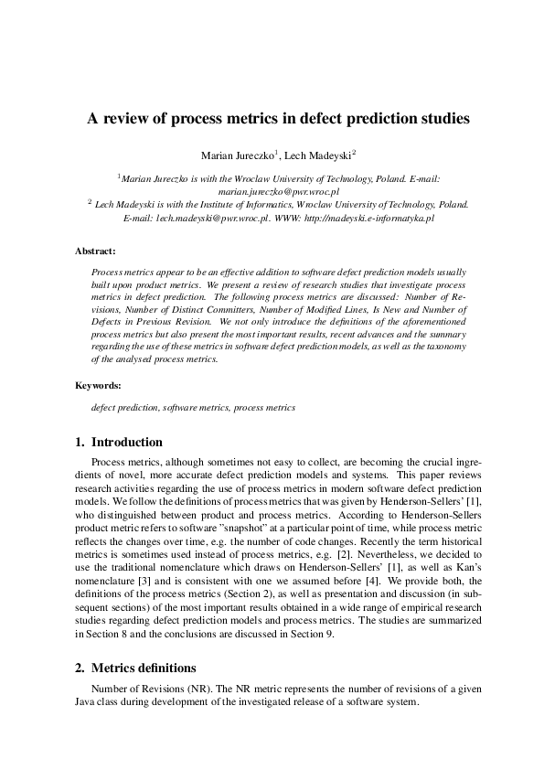 (PDF) A review of process metrics in defect prediction studies