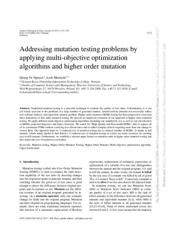 (PDF) Addressing mutation testing problems by applying multi-objective ...