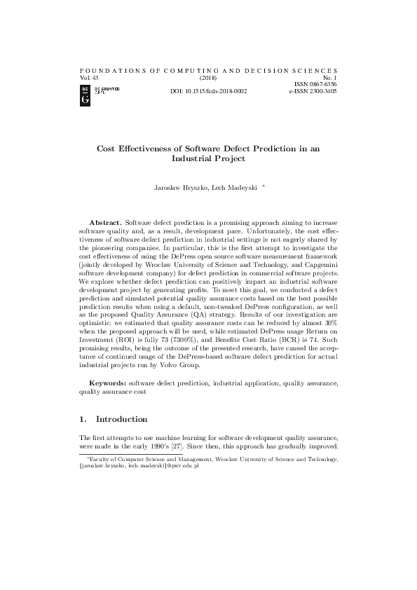 Pdf Cost Effectiveness Of Software Defect Prediction In An Industrial