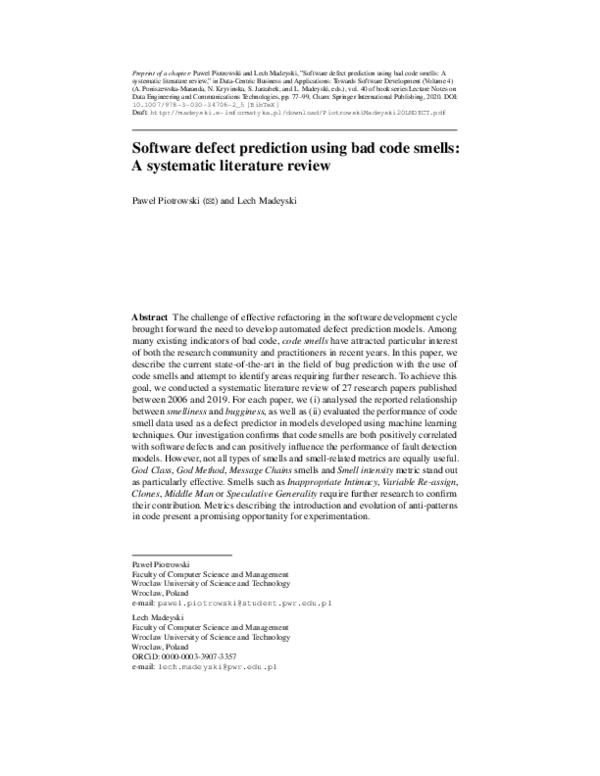 (PDF) Software Defect Prediction Using Bad Code Smells: A Systematic ...