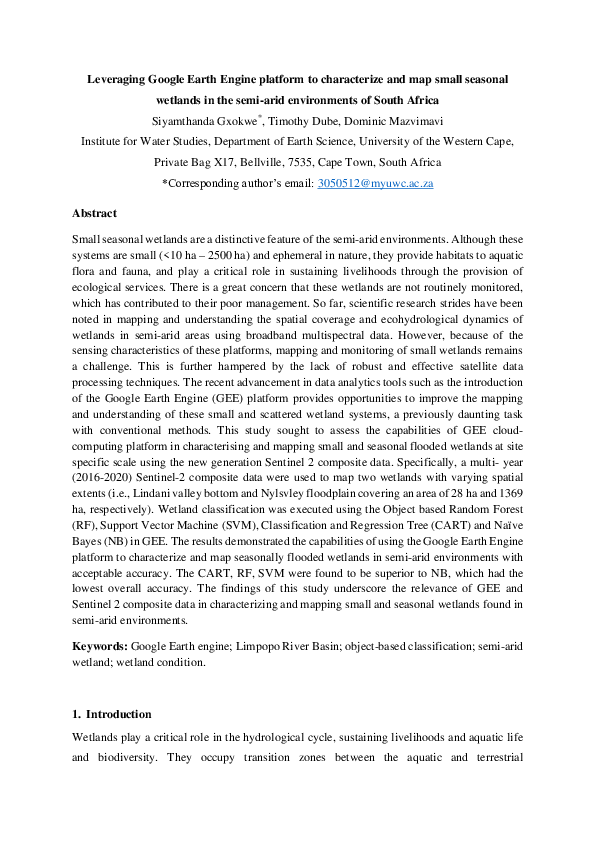 (PDF) Leveraging Google Earth Engine platform to characterize and map small seasonal wetlands in ...