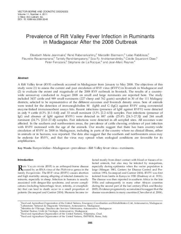 (PDF) Prevalence of Rift Valley Fever Infection in Ruminants in Madagascar After the 2008 ...