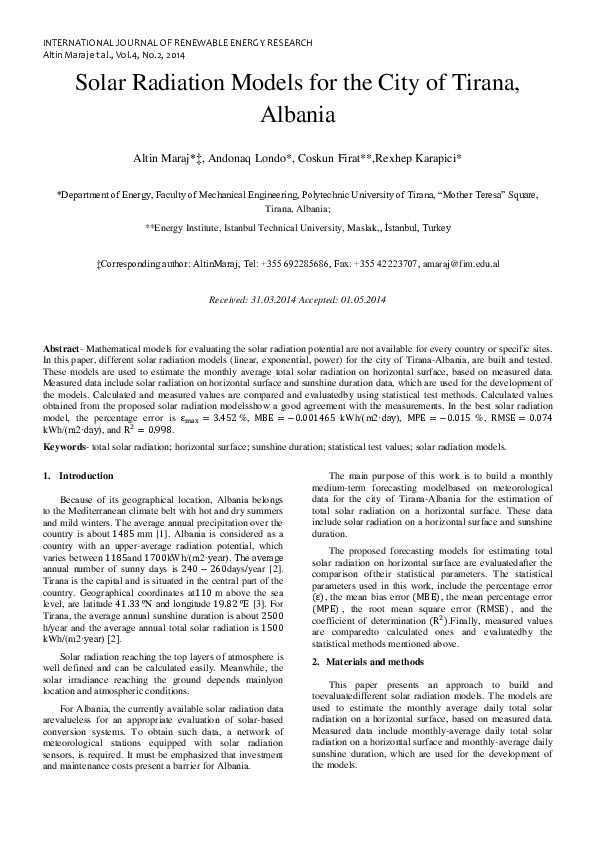 (PDF) Solar Radiation Models for the City of Tirana, Albania