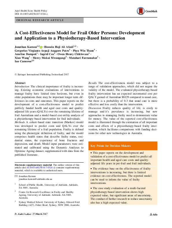 (PDF) A Cost-Effectiveness Model for Frail Older Persons: Development ...