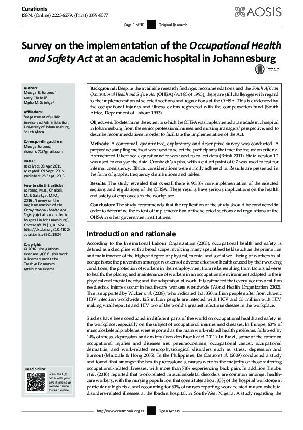 (PDF) Survey on the implementation of the Occupational Health and Safety Act at an academic ...