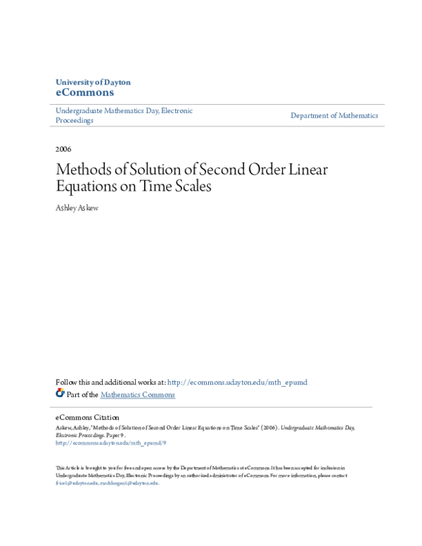 (PDF) Methods of Solution of Second Order Linear Equations on Time Scales
