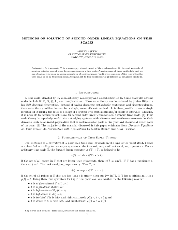 (PDF) Methods of Solution of Second Order Linear Equations on Time