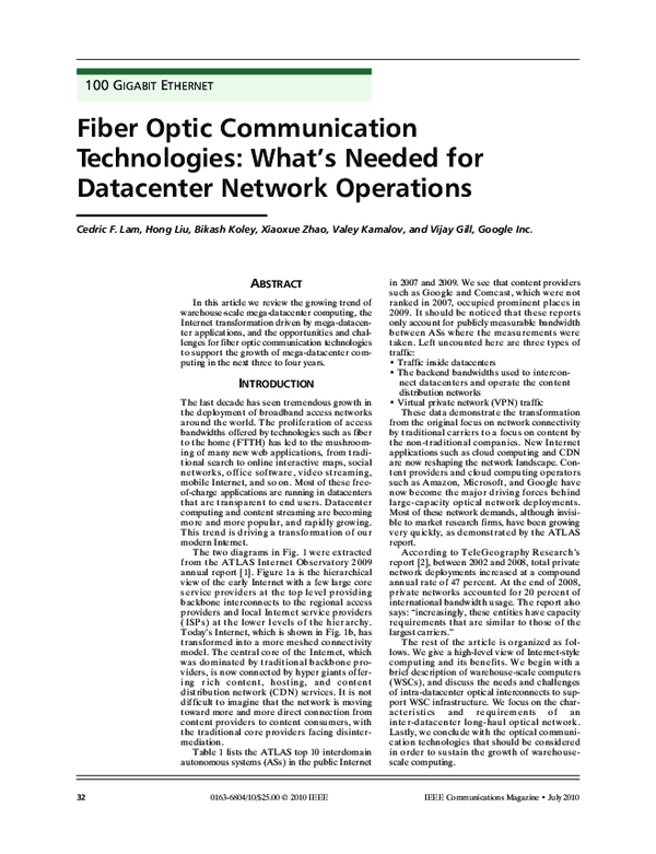 (PDF) Fiber optic communication technologies: What's needed for datacenter network operations