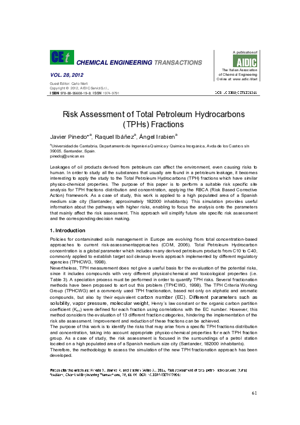 (PDF) Risk assessment of total petroleum hydrocarbons (TPHs) fractions