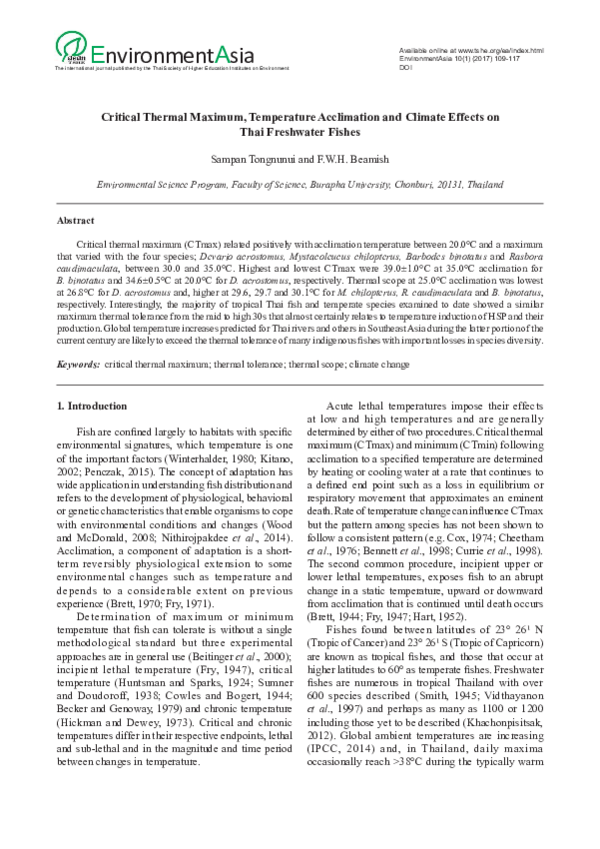 Pdf Critical Thermal Maximum Temperature Acclimation And Climate Effects On Thai Freshwater